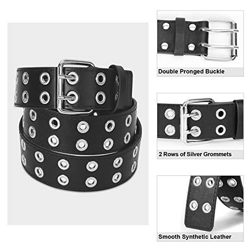 SANSTHS Double Grommet PU Leather Belt for Women Men Punk Rock Metal Jeans Belts 1 1/2 inch, Black S