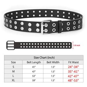 SANSTHS Double Grommet PU Leather Belt for Women Men Punk Rock Metal Jeans Belts 1 1/2 inch, Black S