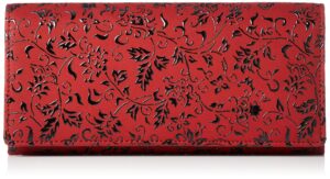 indenya 2308-03-041 long wallet, bundle q, red deerskin x black lacquer, flower arabesque pattern