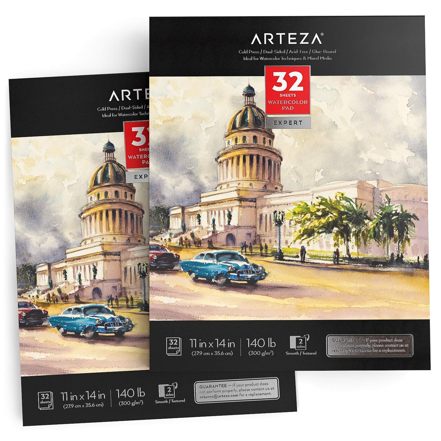 ARTEZA Watercolor Paper, Pack of 2, 32 Sheets Each, 11x14 Inches Watercolor Sketchbook, 140lb/300gsm, Cold Press, Acid Free Art Paper