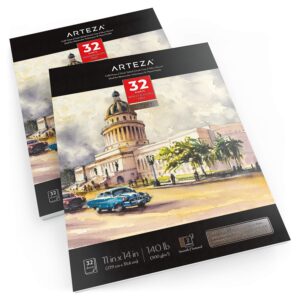 ARTEZA Watercolor Paper, Pack of 2, 32 Sheets Each, 11x14 Inches Watercolor Sketchbook, 140lb/300gsm, Cold Press, Acid Free Art Paper