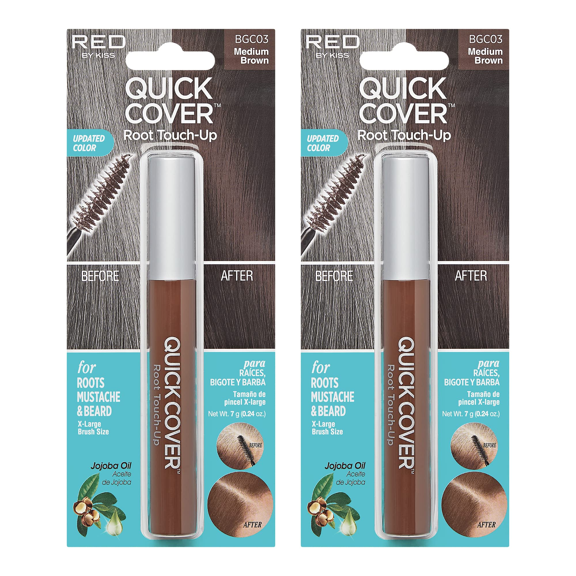 RED by Kiss Quick Cover Root Touch Up Rescue, Mascara Natural Water-Resistant Temporary Gray Concealer Cover Up Brush for Hair Mustache & Beard (Medium Brown) (2Pcs)