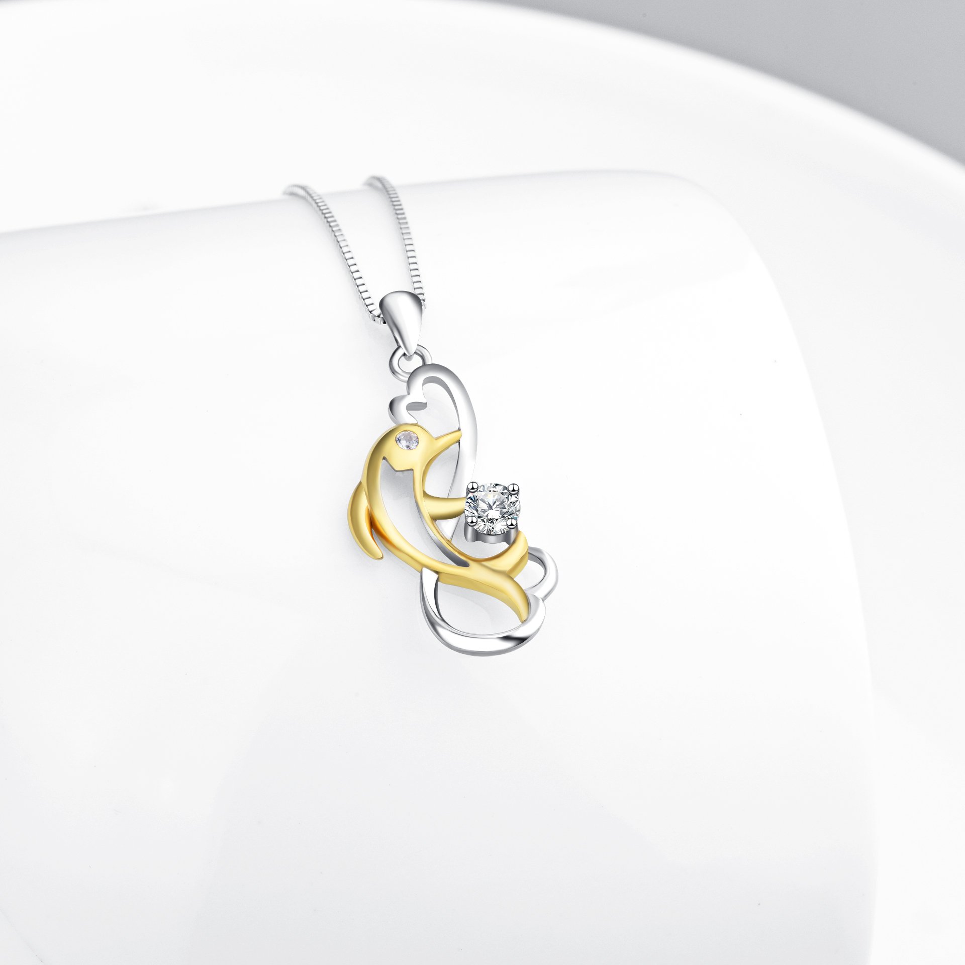 925 Sterling Silver With Cubic Zirconia Dolphin Love Heart Pedant Necklaces 18K Gold Overtone Two Tone Crystal 18 inches Valentine’s Gift LSN140