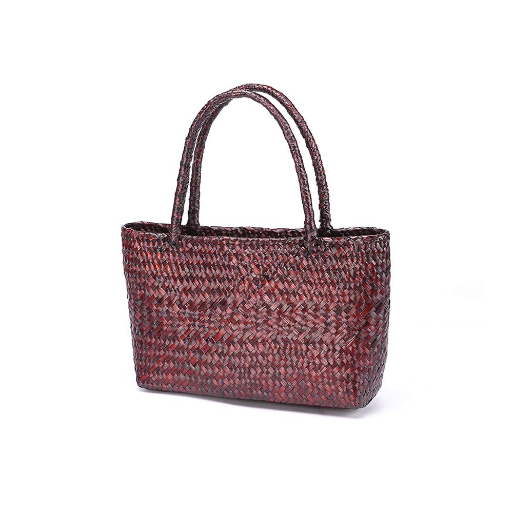 QTKJ Hand-woven Large Retro Straw Shoulder Bag for Women Summer Beach Boho Rattan Tote Travel Bag with Straw Top Handle (Red)