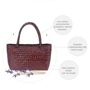 QTKJ Hand-woven Large Retro Straw Shoulder Bag for Women Summer Beach Boho Rattan Tote Travel Bag with Straw Top Handle (Red)