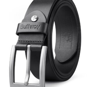 Buffway Minimalist 1.5" Full Grain Leather Belts for Men with Metal Buckle, Heavy Duty Mens Casual Belts in Gift Box- 38” Black