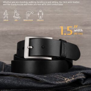 Buffway Minimalist 1.5" Full Grain Leather Belts for Men with Metal Buckle, Heavy Duty Mens Casual Belts in Gift Box- 38” Black