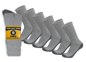 6 pairs mens heavy duty steel toe work crew socks (gray, us shoe size 9-12)