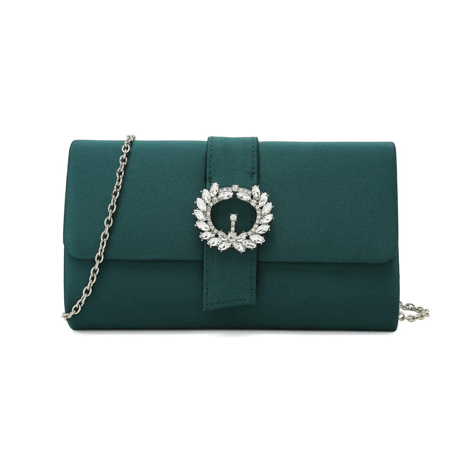 CHARMING TAILOR Evening Bag Diamantes Embellished Satin Clutch Purse for Woman Classy Party Handbag with Beaded Brooch (Green)