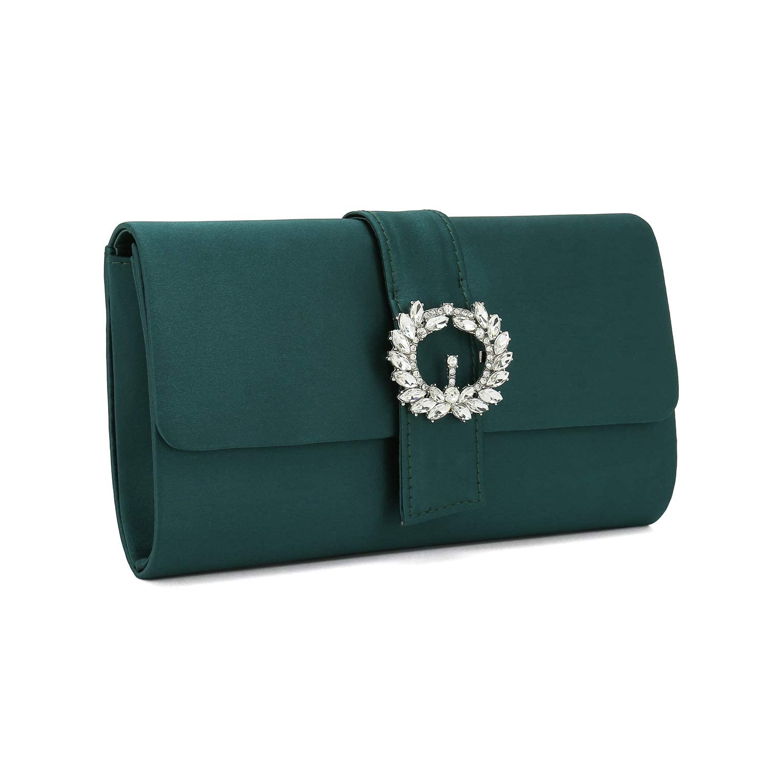 CHARMING TAILOR Evening Bag Diamantes Embellished Satin Clutch Purse for Woman Classy Party Handbag with Beaded Brooch (Green)