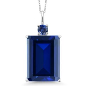 gem stone king 925 sterling silver blue created sapphire pendant necklace for women (17.75 cttw, emerald cut 18x13mm, with 18 inch silver chain)