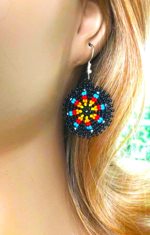 Handmade Cute Seed Beaded Earrings 1.2 Round (Black)