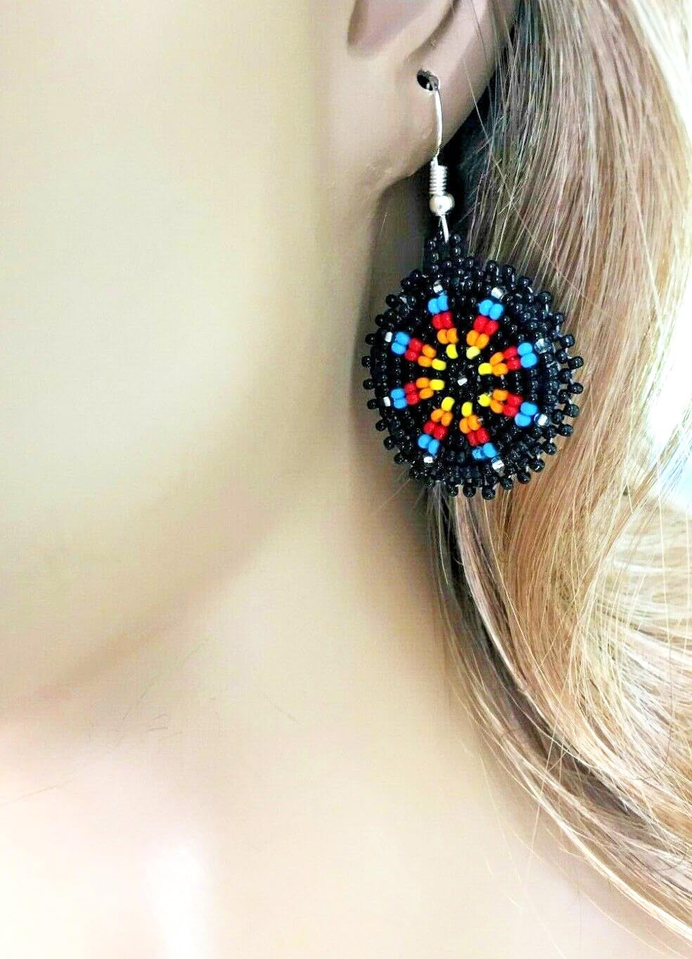 Handmade Cute Seed Beaded Earrings 1.2 Round (Black)