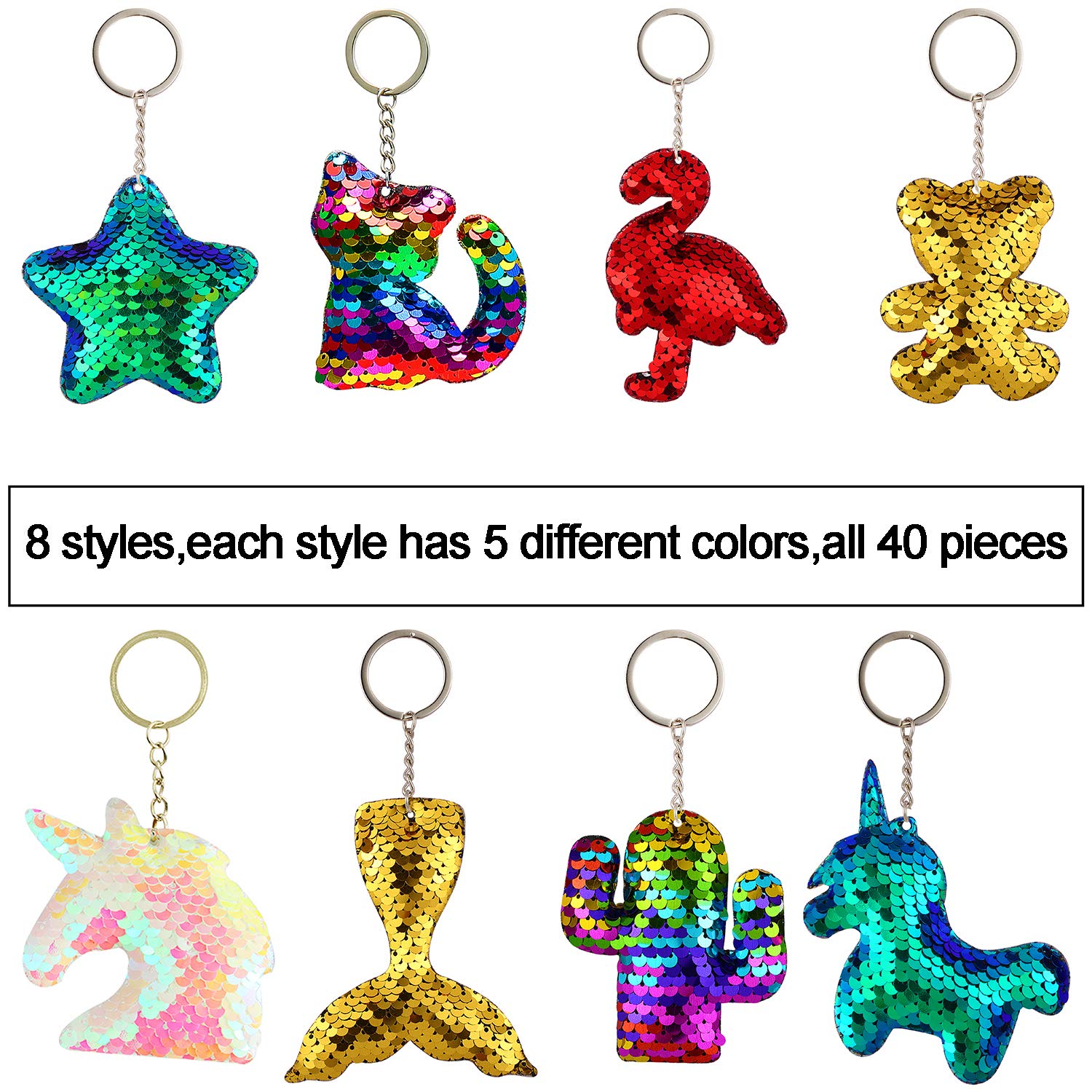 Trounistro 40 Pieces Sequin Keychain Hanging Key Chain with Mermaid Tail Unicorn Pony Cat Star Flamingo Cub Cactus Shape keychains for Kids Girls Party favor - 8 Styles