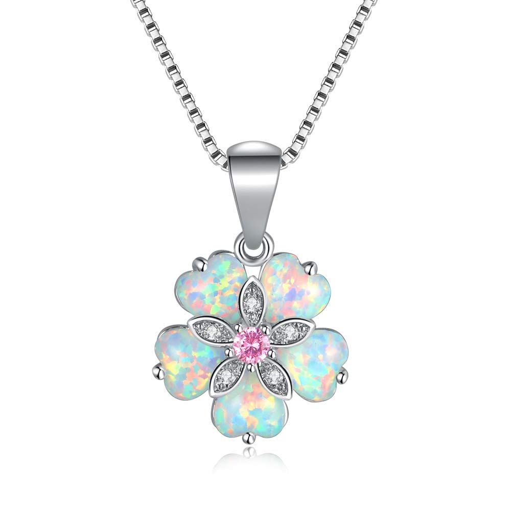 CiNily Flower Opal Pendant Necklace Box Chain 18K White Gold Plated Pink Topaz Zircon Opal Jewelry for Women, Gemstone Necklaces Lovers Birthday Friendship Jewelry