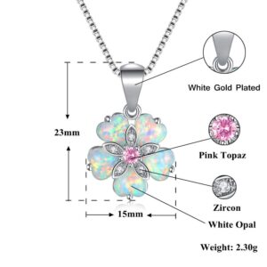 CiNily Flower Opal Pendant Necklace Box Chain 18K White Gold Plated Pink Topaz Zircon Opal Jewelry for Women, Gemstone Necklaces Lovers Birthday Friendship Jewelry