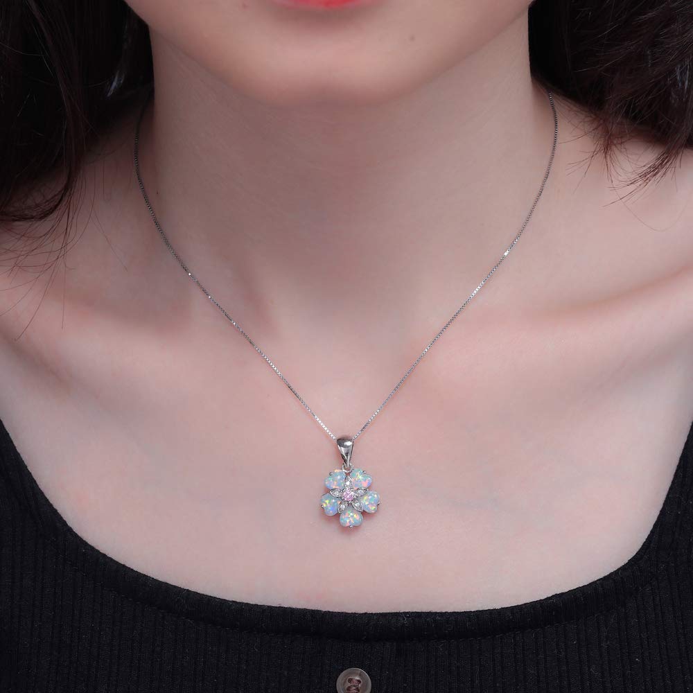 CiNily Flower Opal Pendant Necklace Box Chain 18K White Gold Plated Pink Topaz Zircon Opal Jewelry for Women, Gemstone Necklaces Lovers Birthday Friendship Jewelry