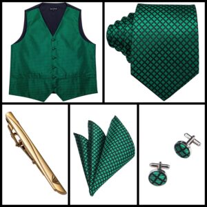 Barry.Wang Men Emerald Green Plaid Waistcoat with Tie Cufflinks Pocket Square Vest Set Wedding Christmas St. Patrick's Day