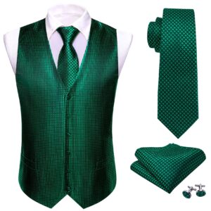 Barry.Wang Men Emerald Green Plaid Waistcoat with Tie Cufflinks Pocket Square Vest Set Wedding Christmas St. Patrick's Day