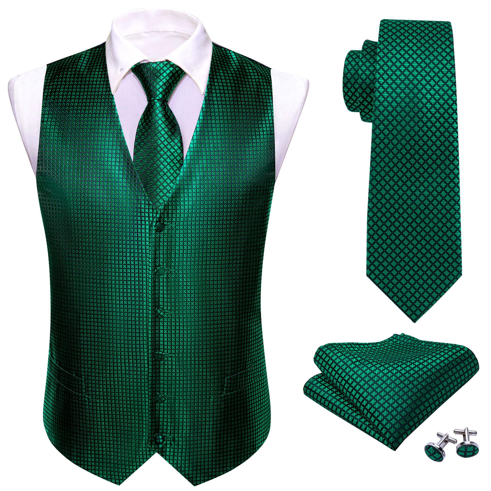 Barry.Wang Men Emerald Green Plaid Waistcoat with Tie Cufflinks Pocket Square Vest Set Wedding Christmas St. Patrick's Day