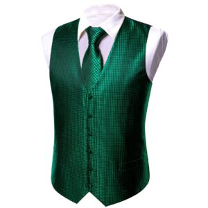 Barry.Wang Men Emerald Green Plaid Waistcoat with Tie Cufflinks Pocket Square Vest Set Wedding Christmas St. Patrick's Day