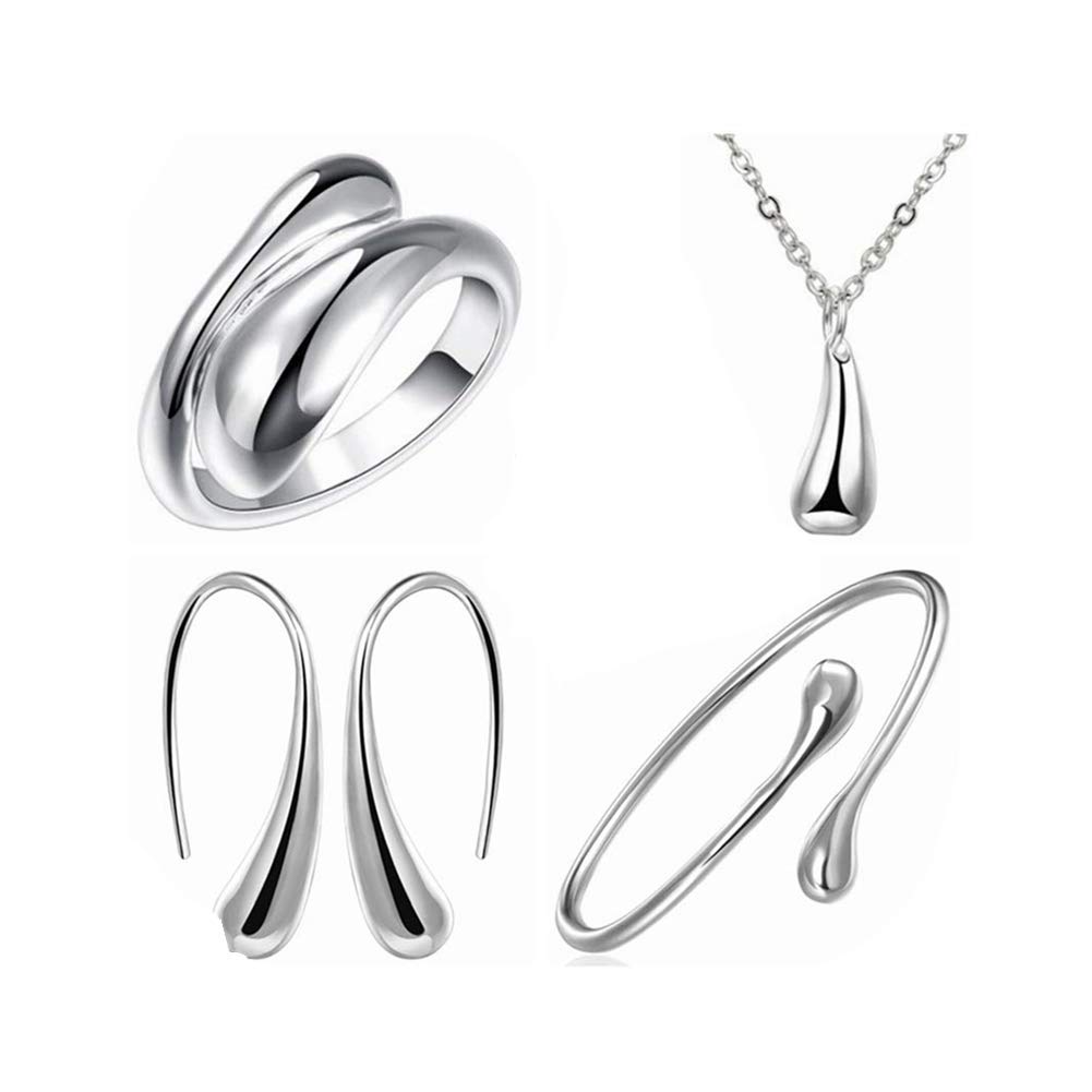 Syhonic 925 Silver Jewelry Set for Women, Teardrop Necklace + Earring + Ring + Bangle Set for 4 Pcs, Party Mother's Day Prom Wedding Fashion Accessories Gift