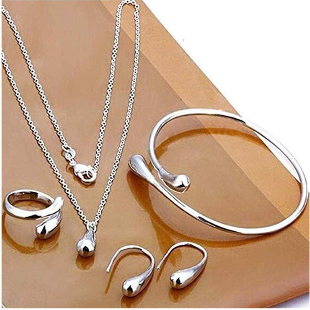 Syhonic 925 Silver Jewelry Set for Women, Teardrop Necklace + Earring + Ring + Bangle Set for 4 Pcs, Party Mother's Day Prom Wedding Fashion Accessories Gift