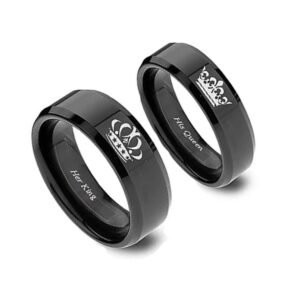 2pcs black her king and his queen crown ring set for couples his hers stainless steel matching promise engagement wedding bands comfort fit