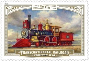 transcontinental railroad sheet of 18 us first class postage stamps american golden spike train (18 stamps)