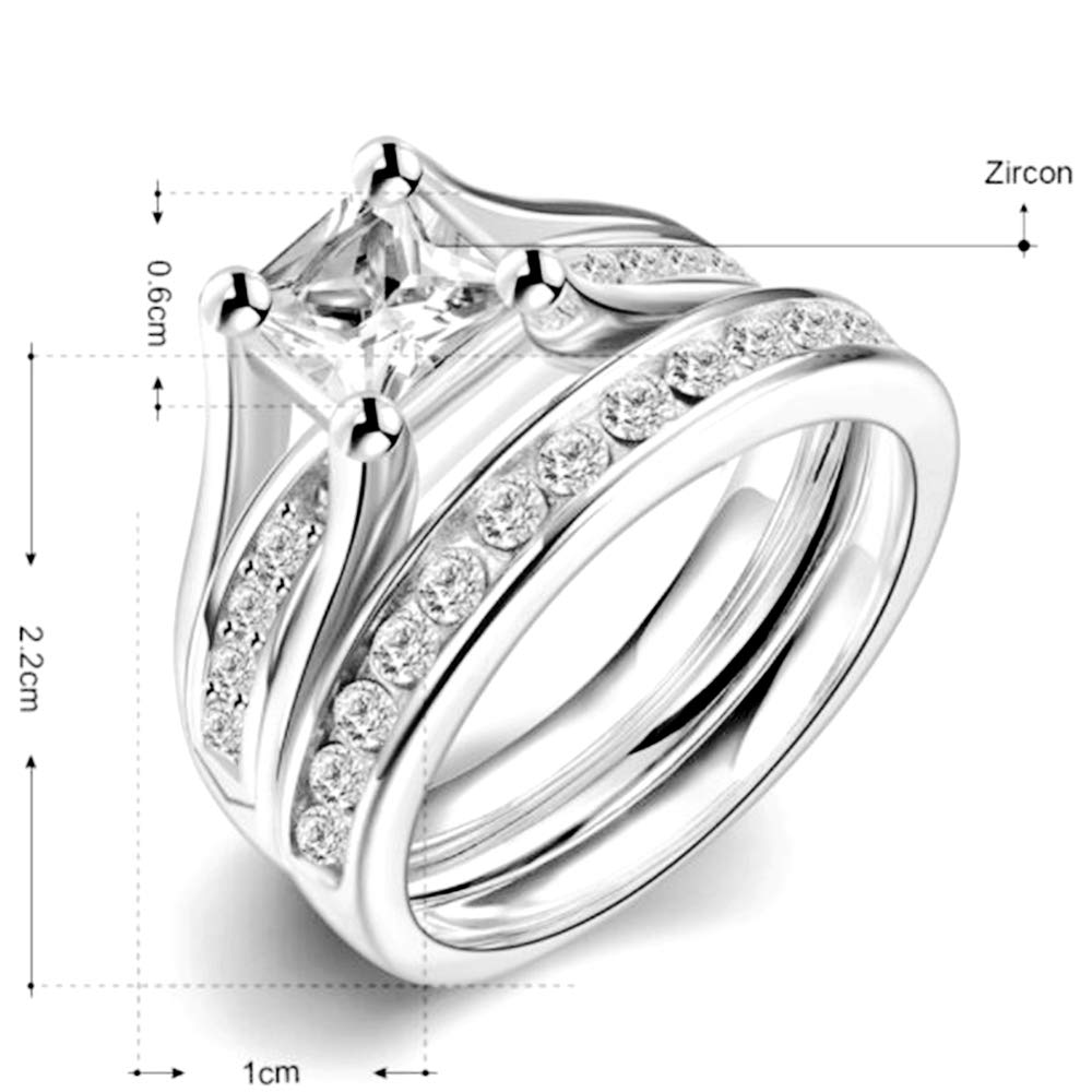 Stainless Steel Princess Cut Wedding Engagement Anniversary Statement Bridal Halo Ring Set (Silver, 8.5)