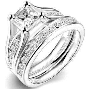 stainless steel princess cut wedding engagement anniversary statement bridal halo ring set (silver, 8.5)