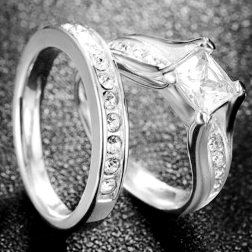 Stainless Steel Princess Cut Wedding Engagement Anniversary Statement Bridal Halo Ring Set (Silver, 8.5)