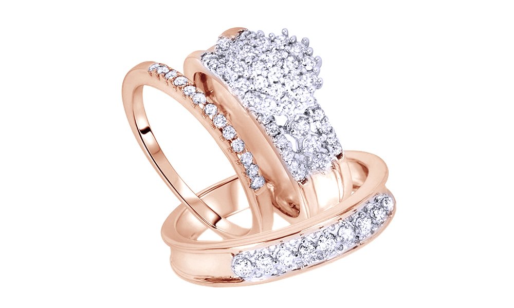 AFFY White Natural Diamond Engagement & Wedding Trio Bridal Ring Set in 10K Solid Rose Gold (1 Carat, I-J Color, I2-I3 Clarity)