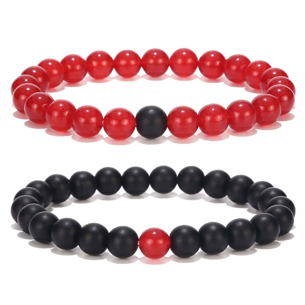 OUGWA Black Matte & Red Agate Stone His and Hers Bracelets 8mm Sandstone Couple Bracelet