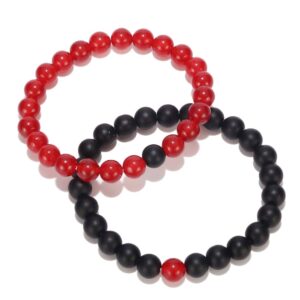 OUGWA Black Matte & Red Agate Stone His and Hers Bracelets 8mm Sandstone Couple Bracelet