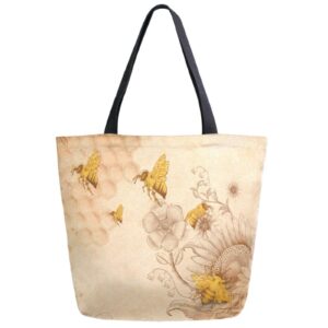 zzwwr rural honey bees wildflowers extra large canvas shoulder tote top handle bag for gym beach travel reusable grocery shopping