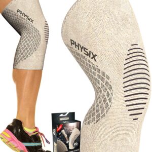 PHYSIX GEAR Knee Support Brace - Premium Recovery & Compression Sleeve for Meniscus Tear, ACL, MCL Running & Arthritis - Best Neoprene Stabilizer Wrap for Crossfit, Squats & Workouts (Single Beige L)