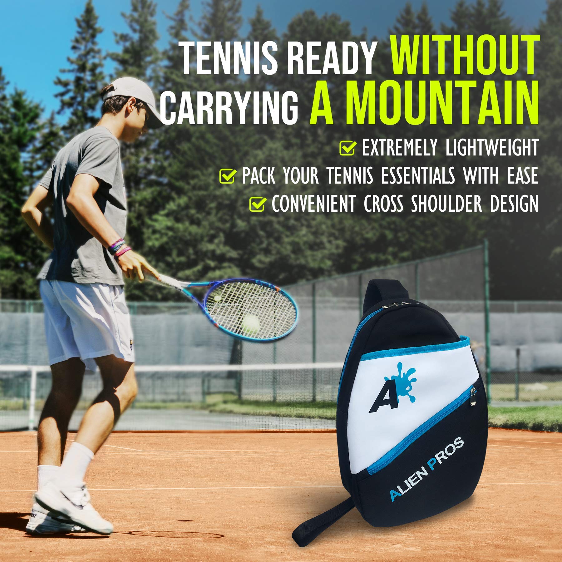 ALIEN PROS Lightweight Tennis Sling Backpack for your racket and other essentials - Pack quickly and lightly for tennis and in life - Tennis Racket Bag Sling Bag for men and women, Blue