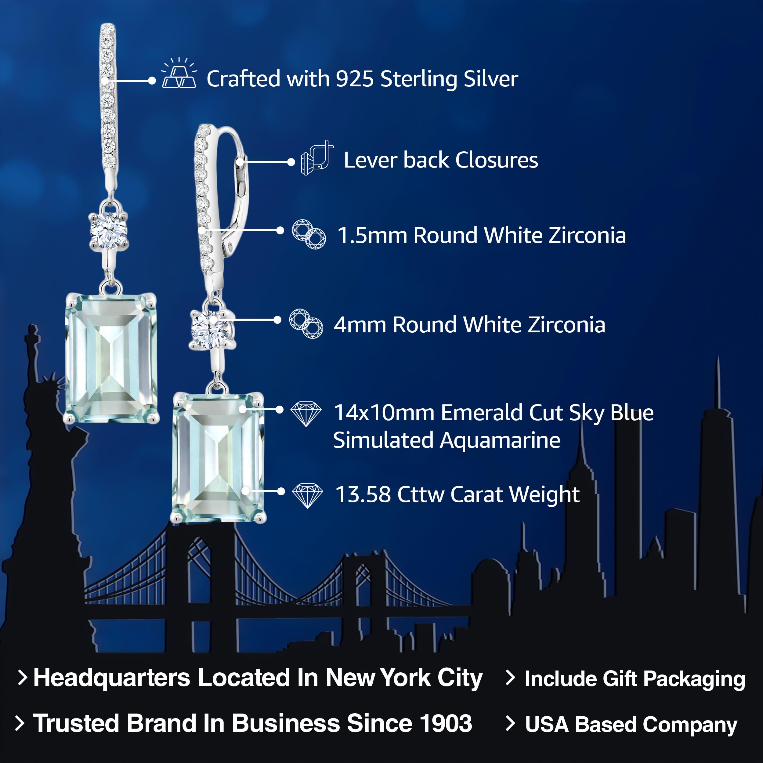 Gem Stone King 13.58 Cttw Sky Blue Simulated Aquamarine Drop Dangle Earrings For Women In 925 Sterling Silver | Emerald Cut 14X10MM