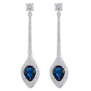 rizilia dangle drop pierced earrings with pear cut cz [simulated blue sapphire] in white gold plated, simple modern elegant