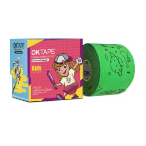 ok tape kid tape hypoallergenic sport kinesiology tape designed for kid&teenage sensitive skin precut tape for sports supply，easy removal no harm to skin, 5.9 inches 32 strips 1 roll, green