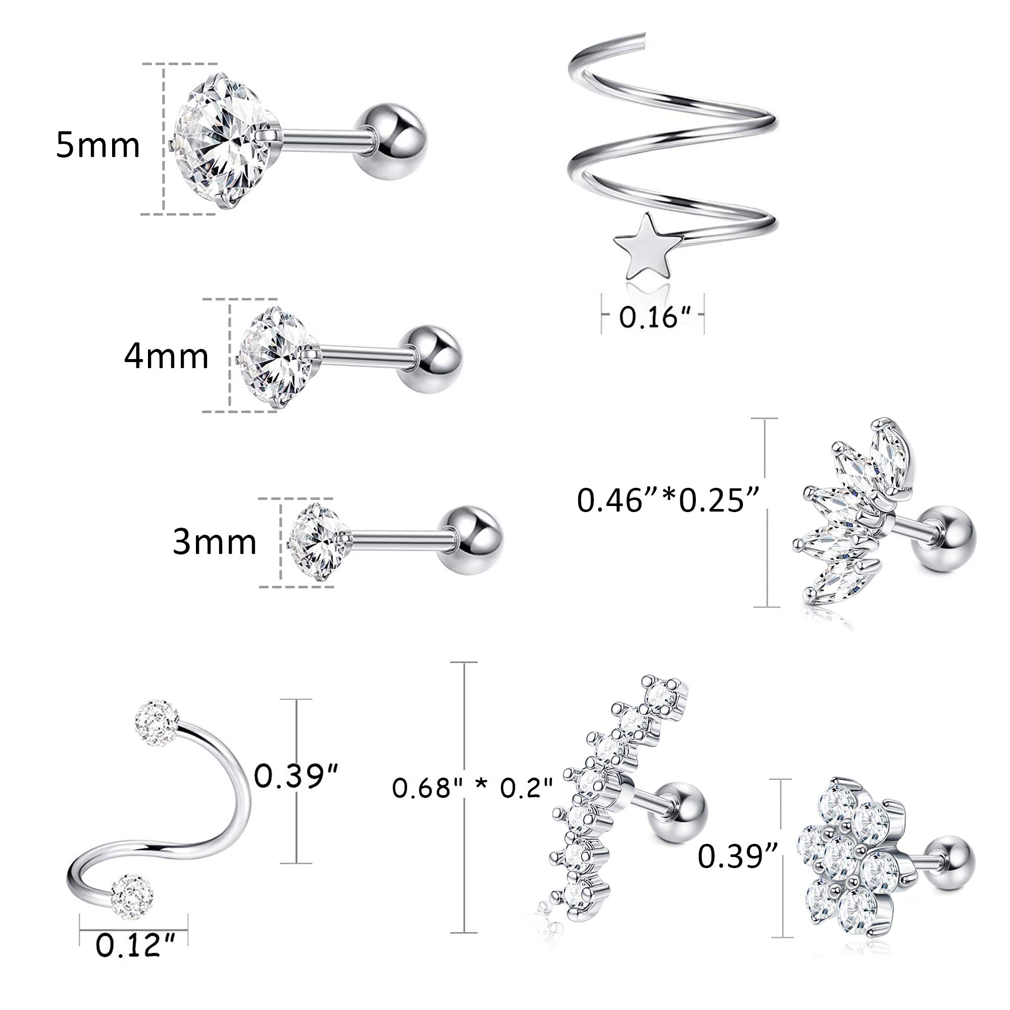 MILACOLATO Cartilage Earring 11Pcs 16G 18G Stainless Steel Cartilage Earrings Stud Hoops Conch Forward Helix Earrings Tragus Daith Piercing CZ Barbell Stud Cartilage Piercing Jewelry for Women of All Ages-silver