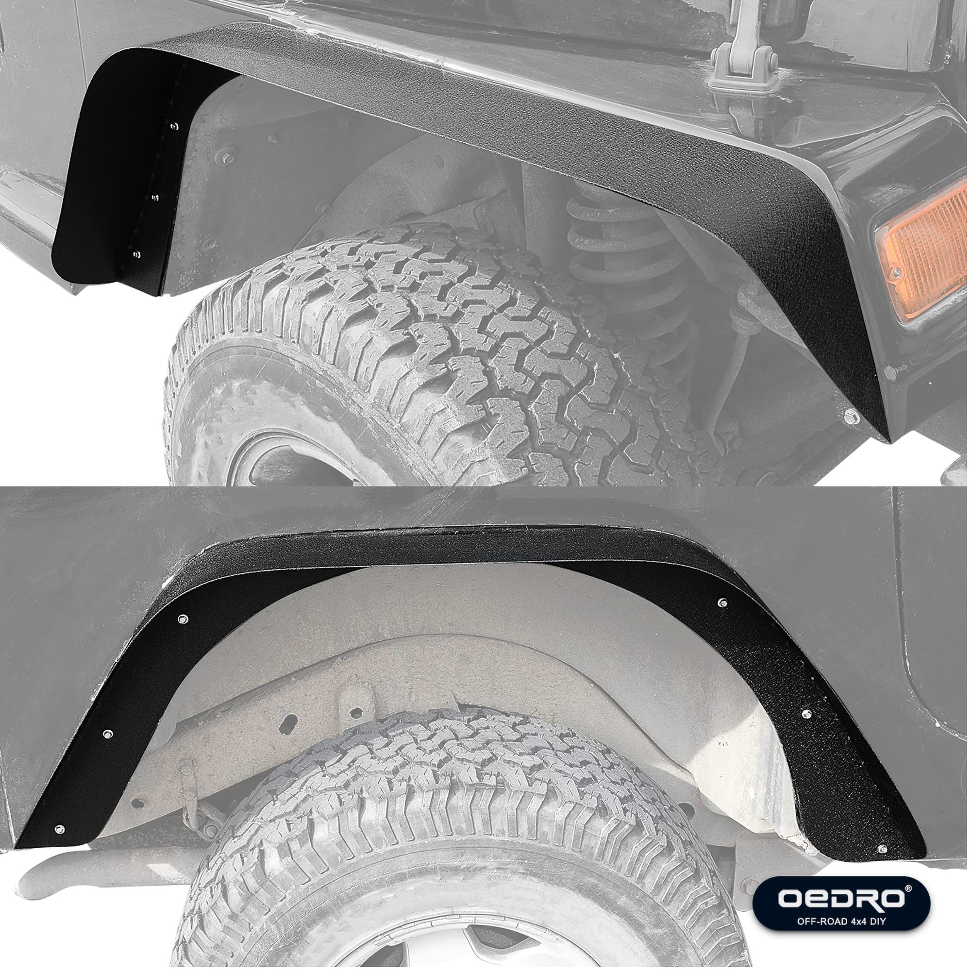 OEDRO Flat Fender Flares Compatible for 1997-2006 Jeep Wrangler TJ & LJ Off-Road Front & Rear Wheel Flares 4 PCS Set Solid Steel Guards