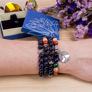 PWMENLK 108 Mala Beads Meditation Necklace 7 Chakra Buddhist Prayer Beaded Bracelet Tree of Life Pendant Necklace Healing Stone Yoga Necklace Women Men Bracelets(solar system)