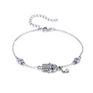 sluynz 925 sterling silver fatima hamsa hand evil eye bracelet for women blue round eyes bracelet