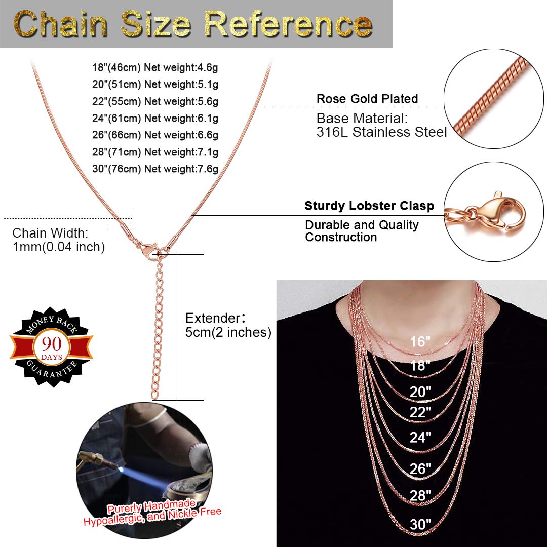 316L Stainless Steel Snake Chain Rose Gold 1mm Thin Slim Necklace Chain for Women, 22"