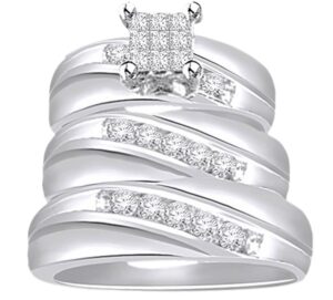 affy white natural diamond engagement & wedding trio band ring set in 14k white gold over sterling silver (0.67 carat)