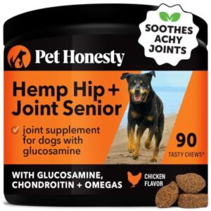 pet honesty senior hemp hip & joint supplement for dogs - dog joint supplement with hemp oil & powder, glucosamine for dogs, collagen, msm & green lipped mussel - mobility for senior dogs (chicken 90)