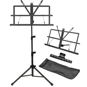 gleam music stand - 2 in 1 dual-use desktop book stand folding music holder portable and lightweight with music sheet clip holder & carrying bag suitable for instrumental performance (black)