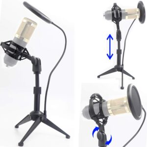 desktop microphone tripod suspension stand with shock mount anti-vibration mic holder and 4" round mask shield double-net wind screen pop filter (large, black)